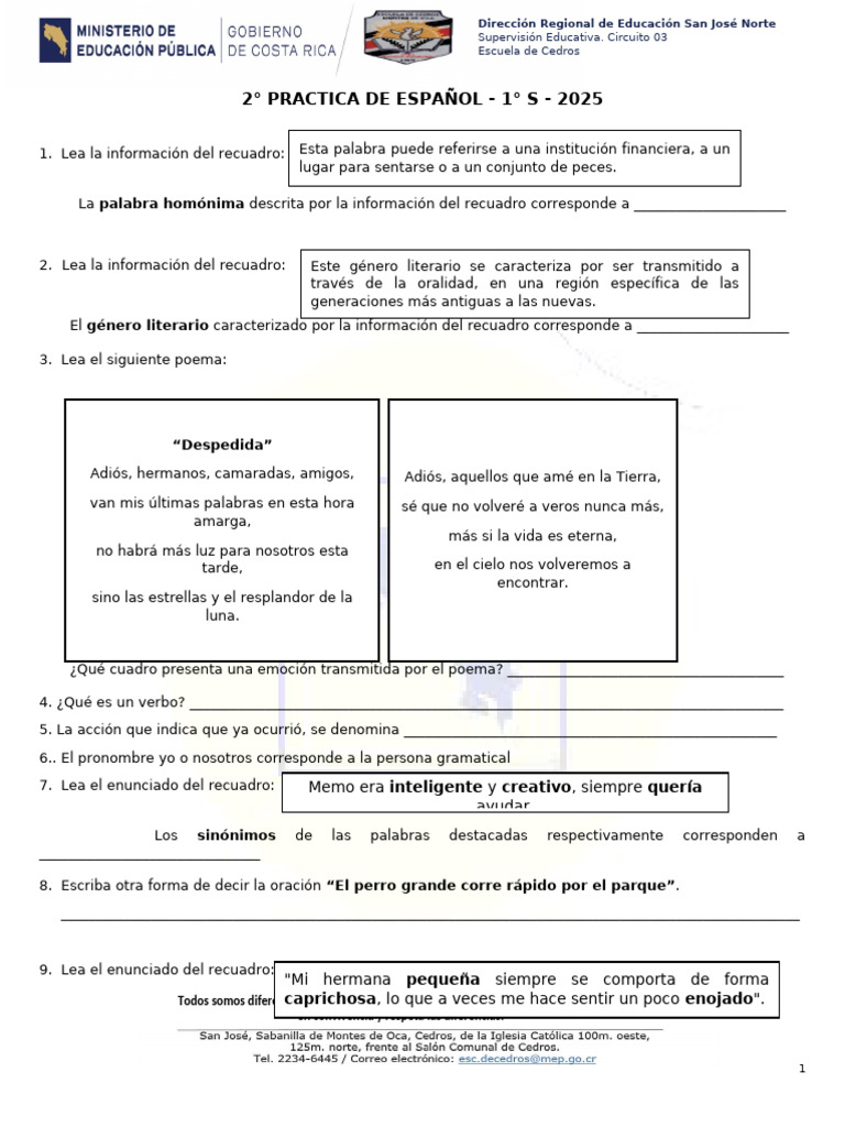 2° PRACTICA EXAMEN ESPAÑOL 1°S 2025 | PDF