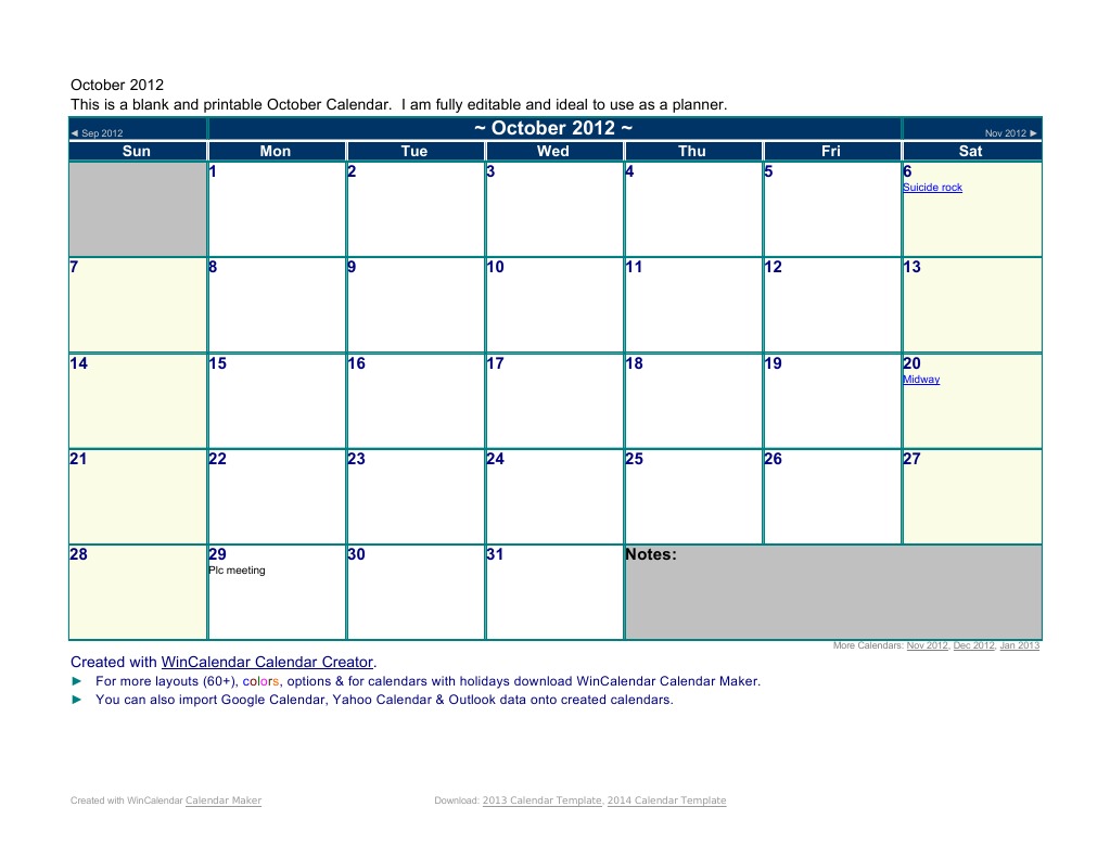 October 2012 Calendar | PDF
