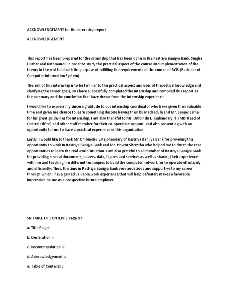 ACKNOWLEDGEMENT for the Internship Report | Server (Computing) | Banks