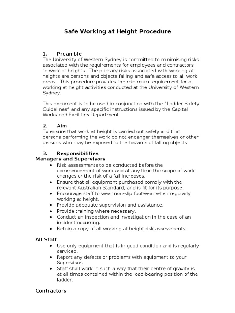 UWSWorking Safely at Height Procedure | PDF | Personal Protective ...