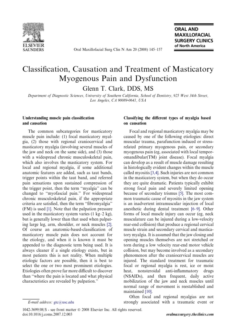 Classification, Causation and Treatment of Masticatory Myogenous Pain ...