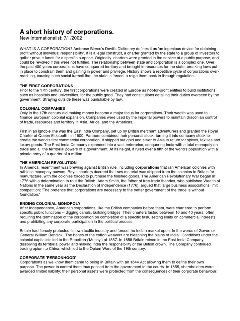 A Short History Corporations | PDF | Corporations | Capitalism