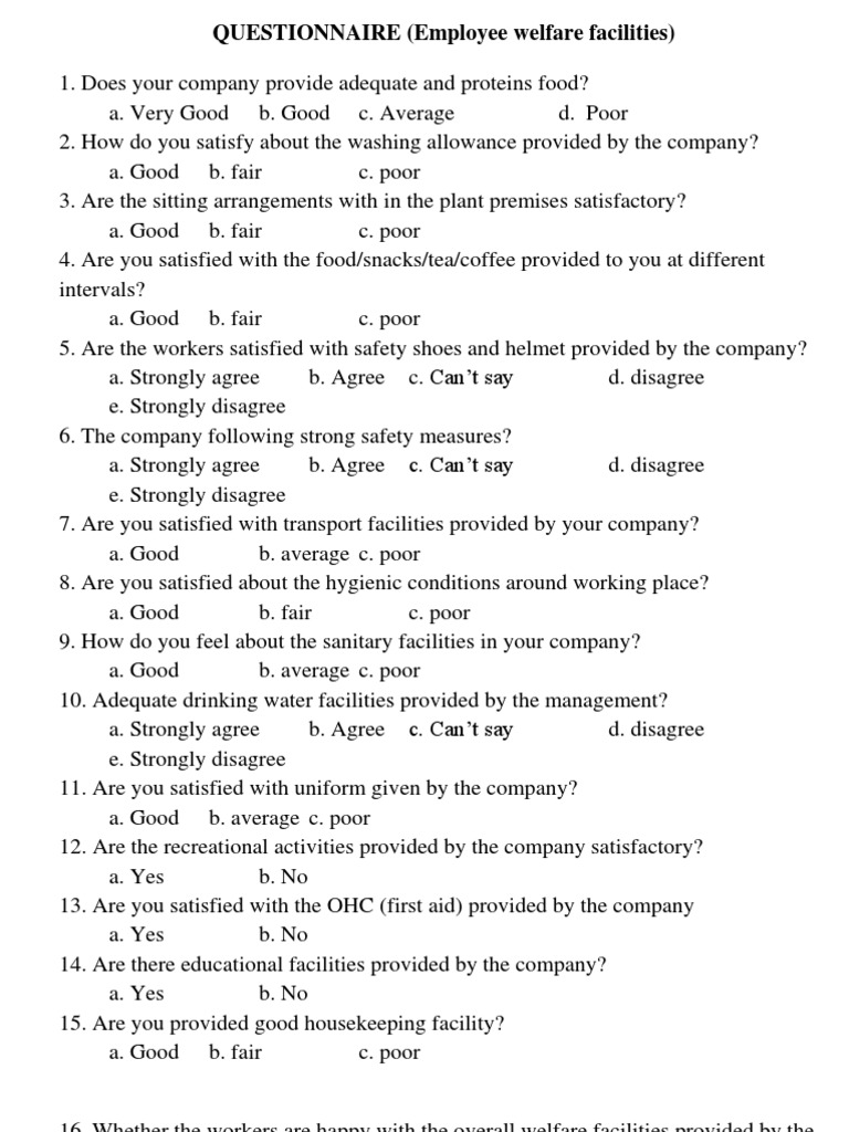 Questionnaire On Labour Welfare | PDF | Labour Relations | Welfare