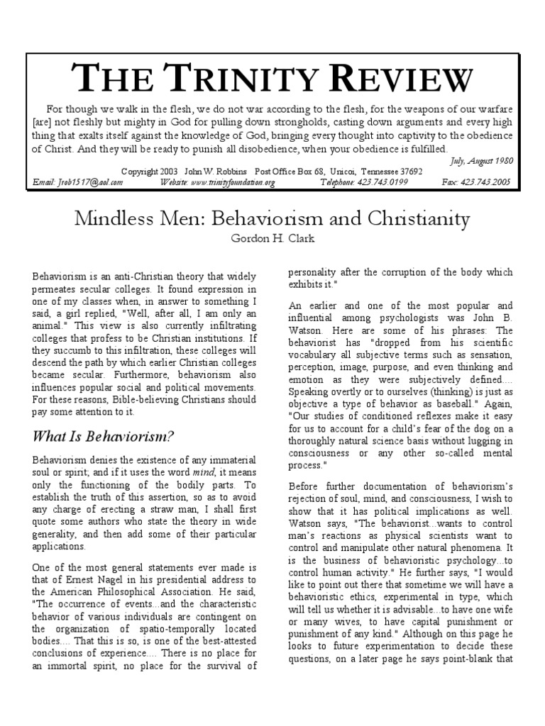 HE Rinity Eview: Mindless Men: Behaviorism and Christianity | PDF ...
