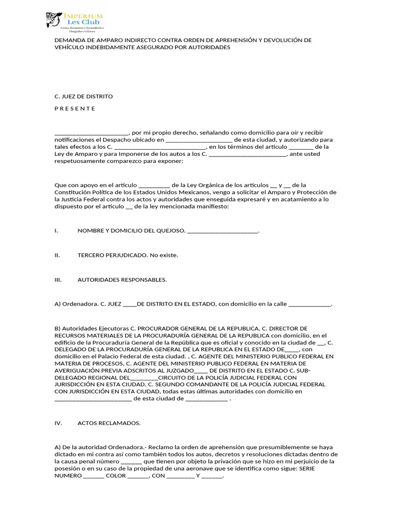DEMANDA DE AMPARO INDIRECTO CONTRA ORDEN DE APREHENSI N Y DEVOLUCI N DE ...