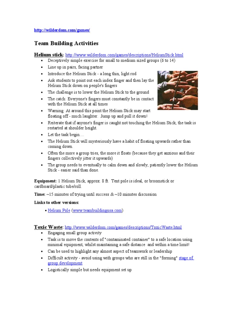 Helium Stick Team Building Activity | PDF | Land Mine | Team Building