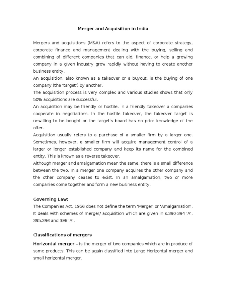 Mergers and Acquisitions in India | PDF | Business | Finance & Money ...
