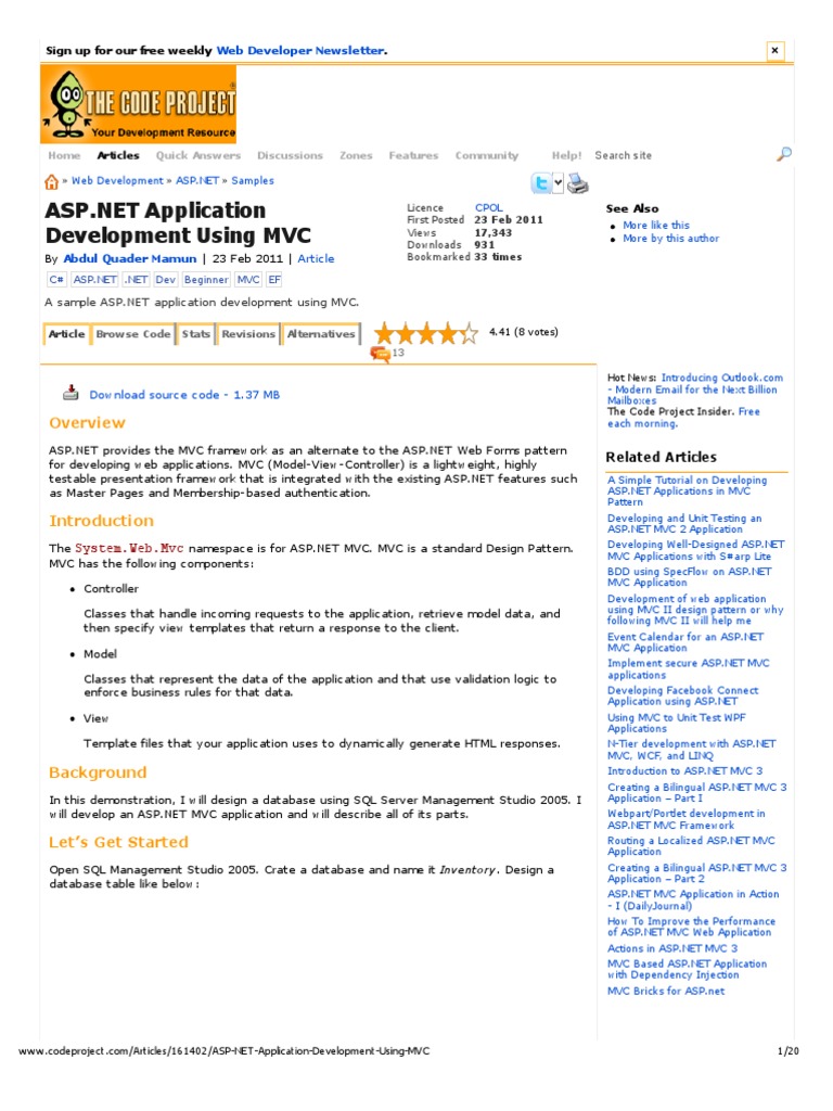 Development Using MVC: Web Developer Newsletter | PDF | Active Server Pages | Model–View–Controller
