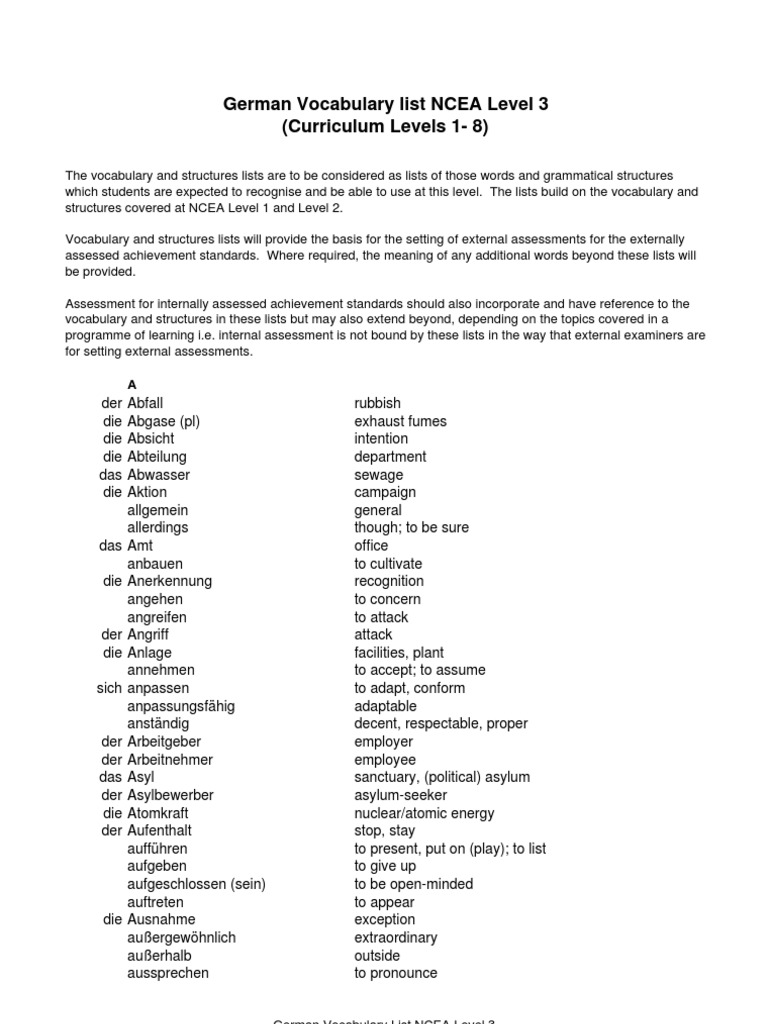 German Vocabulary List NCEA Level 3 (Curriculum Levels 1-8) | PDF | Nature
