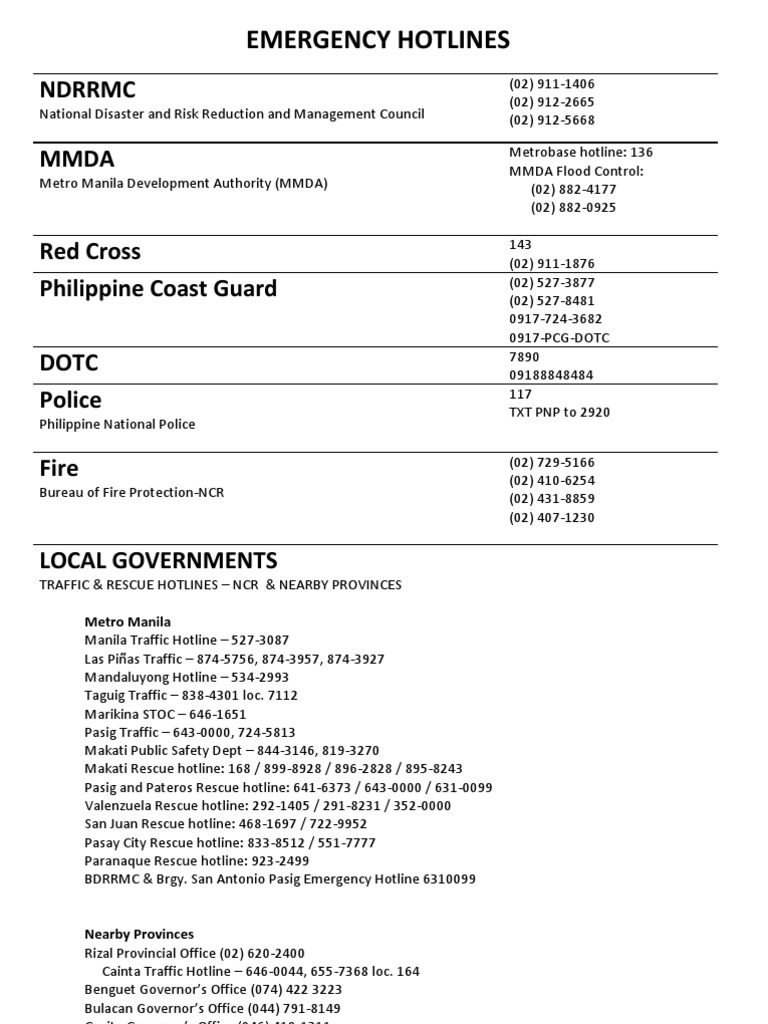 August 2012 Flood - Emergency Hotlines For Metro Manila and Luzon | PDF ...