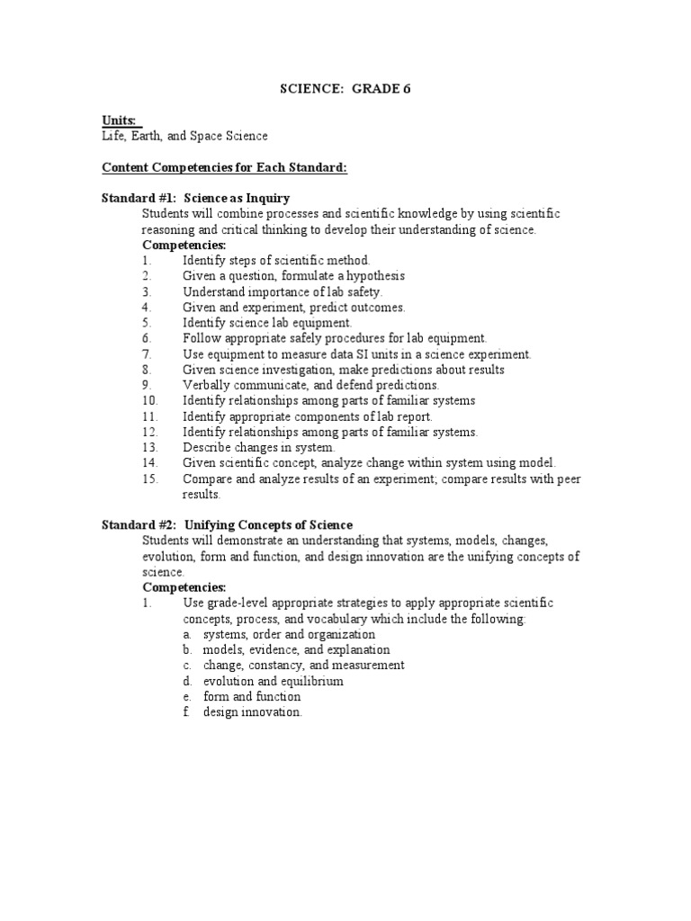 Sixth Grade Science Standards and Competencies: An Overview of Key ...