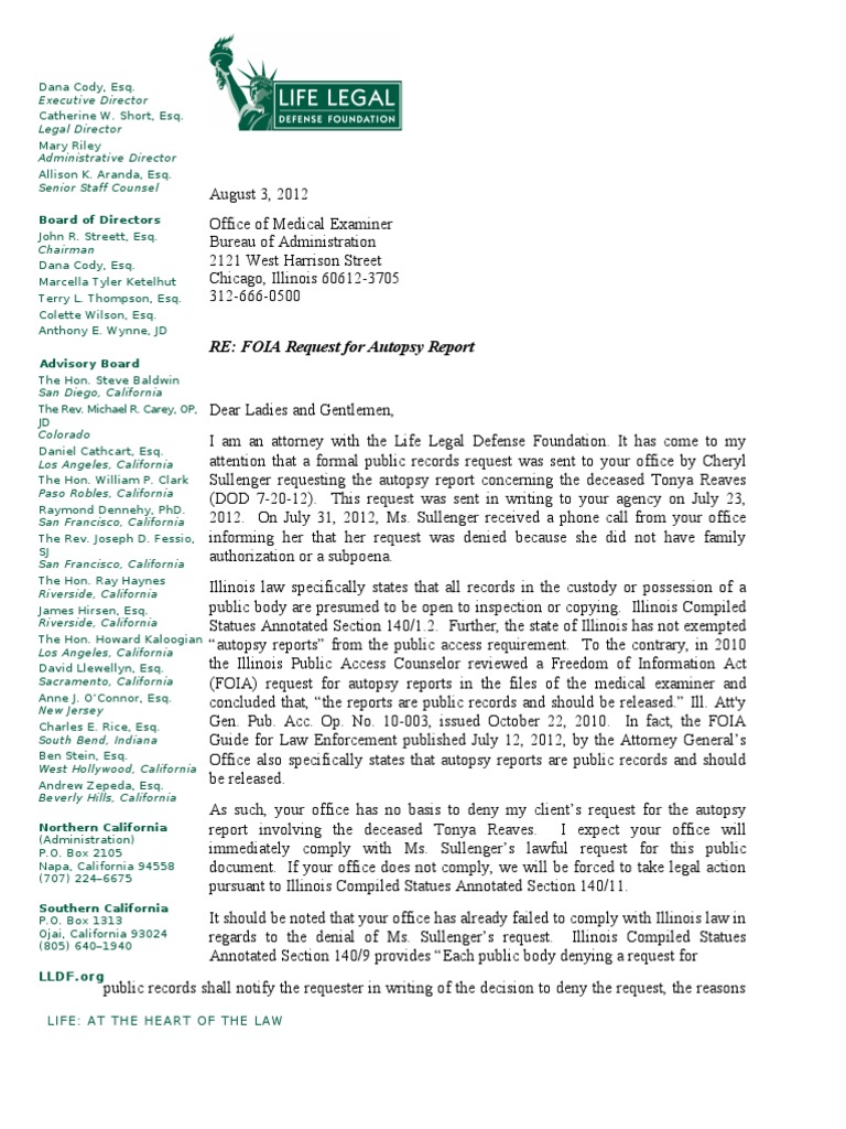 FOIA Request for Autopsy Report | Freedom Of Information Act (United ...