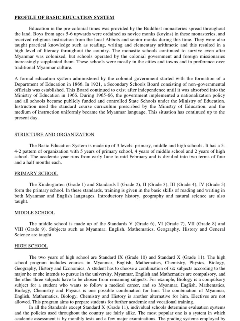 Profile of Basic Education System, Myanmar | PDF | Secondary School ...