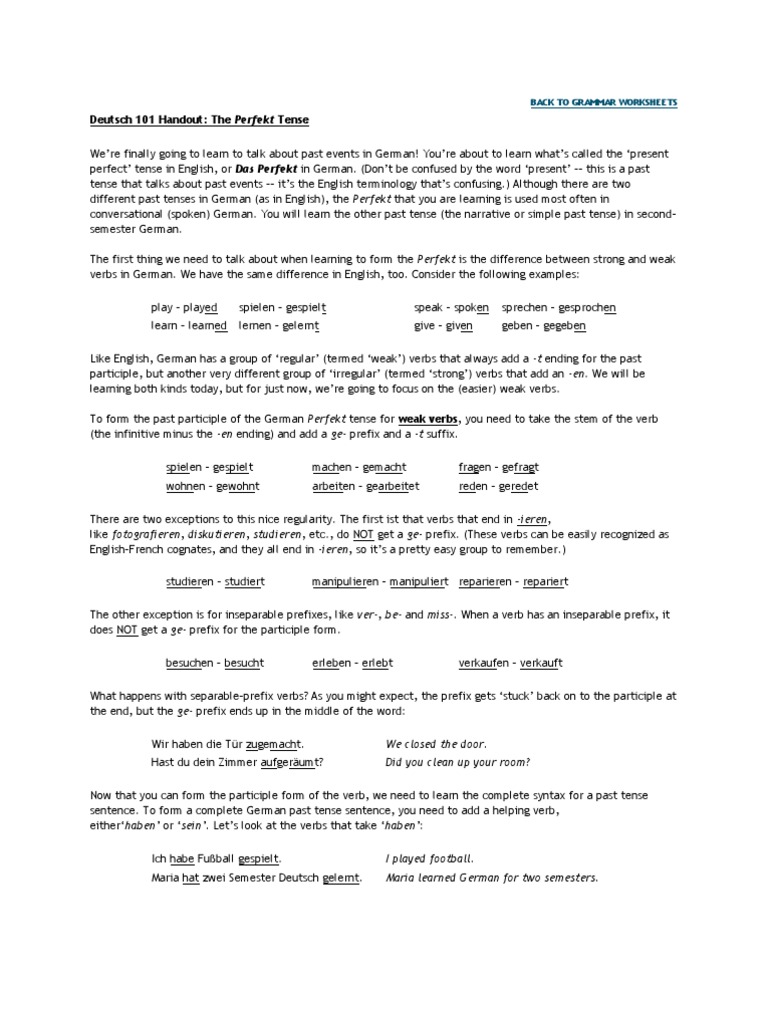 German - To Grammar Worksheets | PDF | Perfect (Grammar) | Grammatical ...