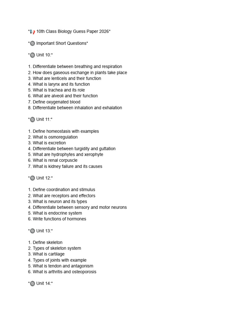 ? 10th Class Biology Guess Paper 2026 | PDF