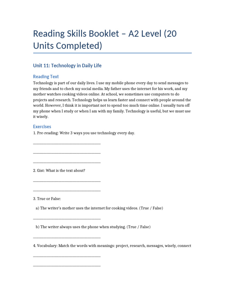 A2 Reading Skills Booklet 20units | PDF | Vocabulary