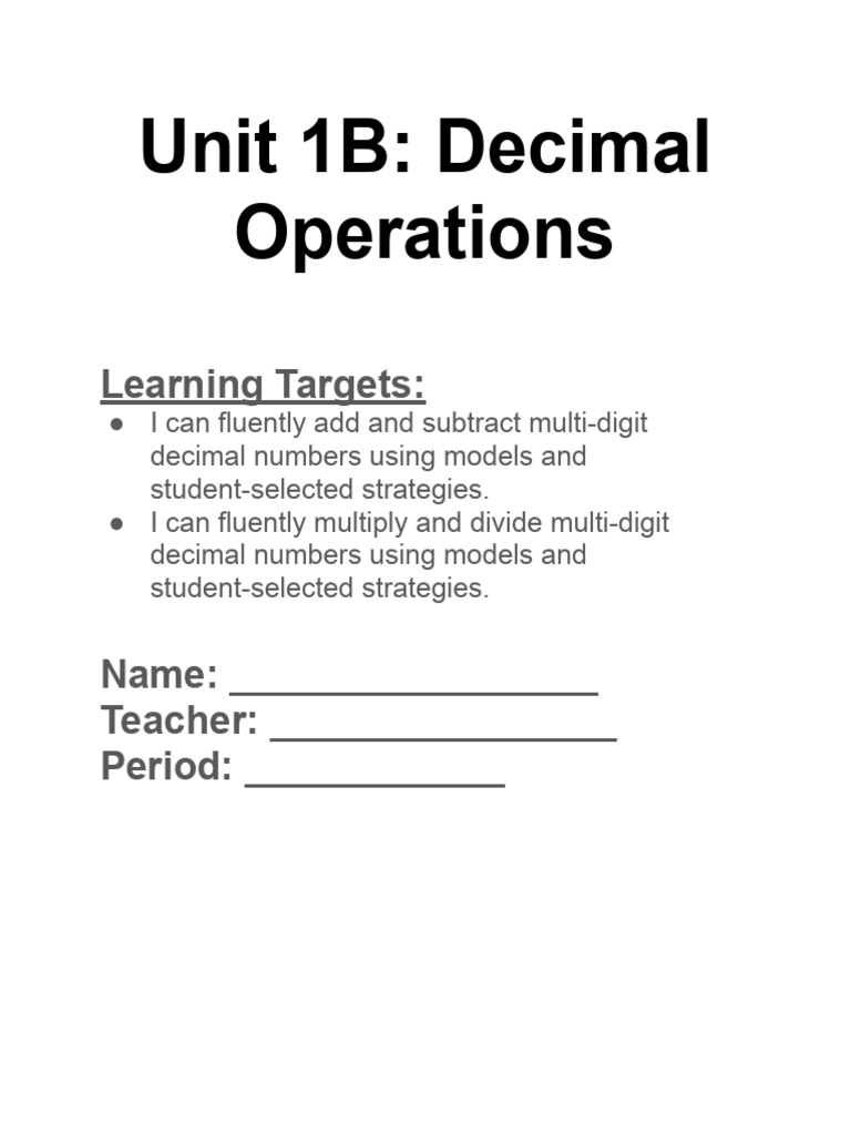 Unit 1B Notes Decimal Operations (1) | PDF | Decimal | Multiplication