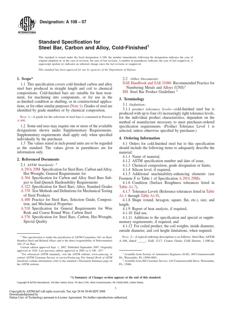 ASTM A108-07 Aço Carbono e Ligas, Acabados A Frio | PDF | Engineering ...