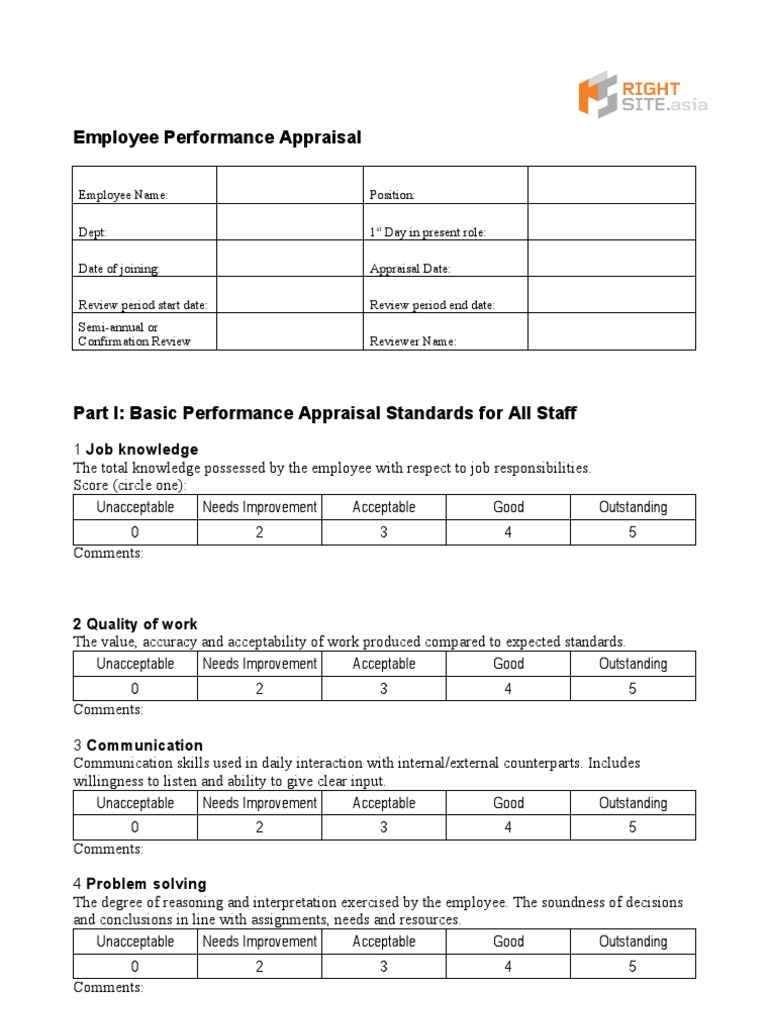 Employee Performance Appraisal Form | PDF | Performance Appraisal ...