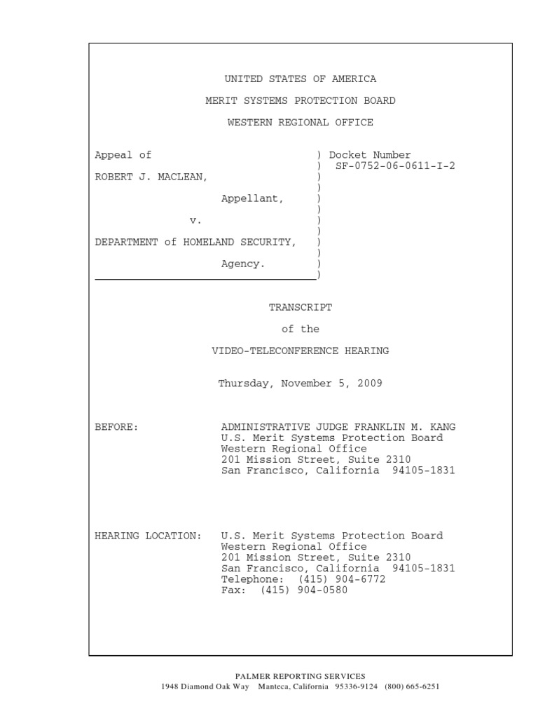 MacLean V DHS: MSPB Regional Hearing Transcript - November 5, 2009 ...