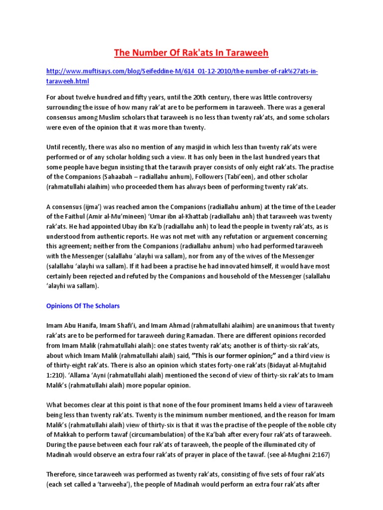 The Number of Rakats in Taraweeh | PDF | Sahabah | Hadith