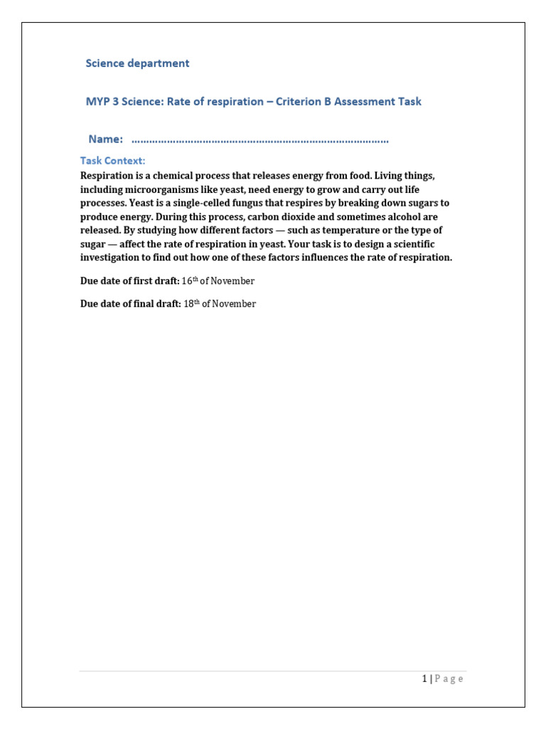 MYP 3 Unit 2 Criterion B Rate of Respiration | PDF | Cellular ...
