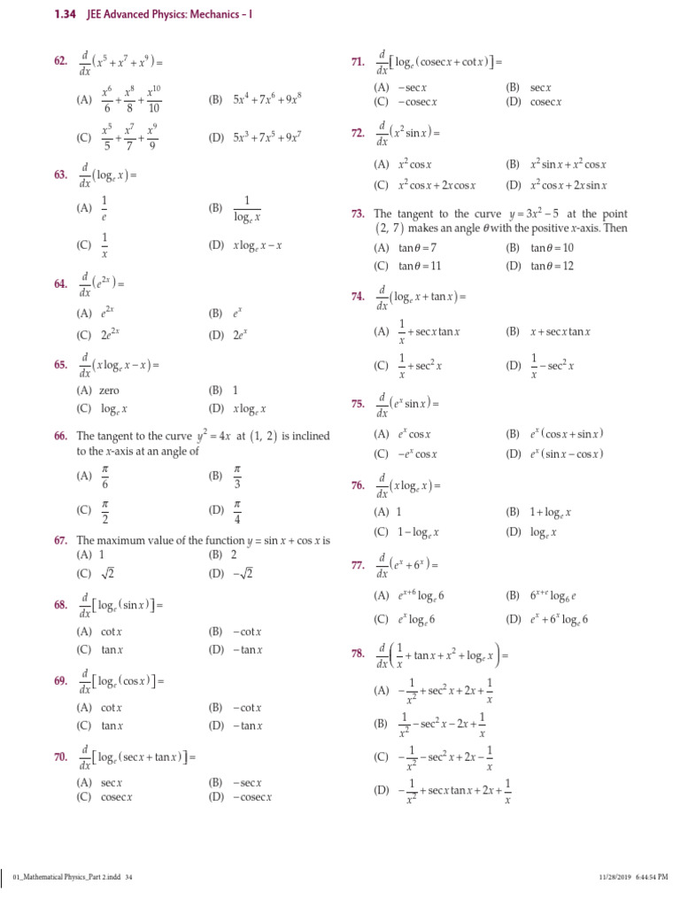 Differentiation & Integration Physics - Bridge Course Work Sheet | PDF
