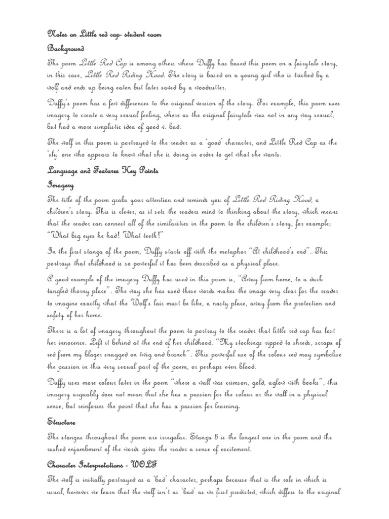 Duffy's 'Little Red Cap' poem analysis | PDF | Little Red Riding Hood ...