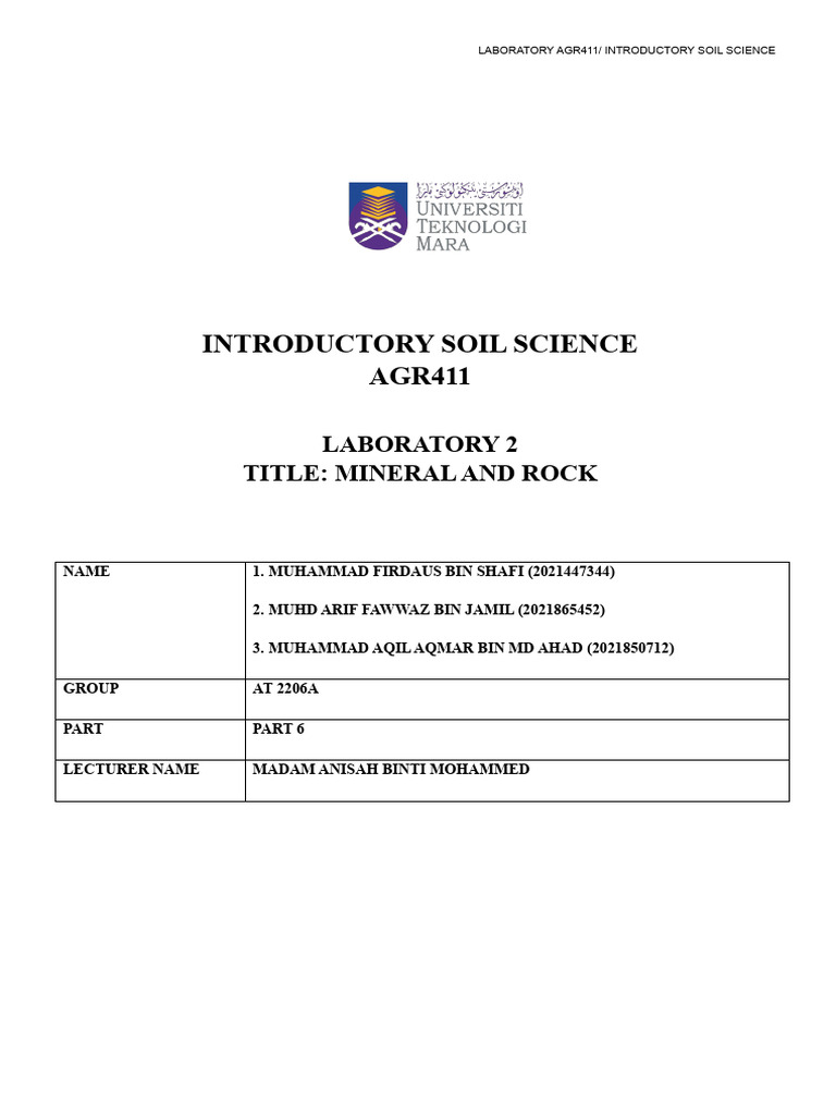 Lab 2 Agr411 Firdaus_arif_aqil | PDF | Rock (Geology) | Minerals