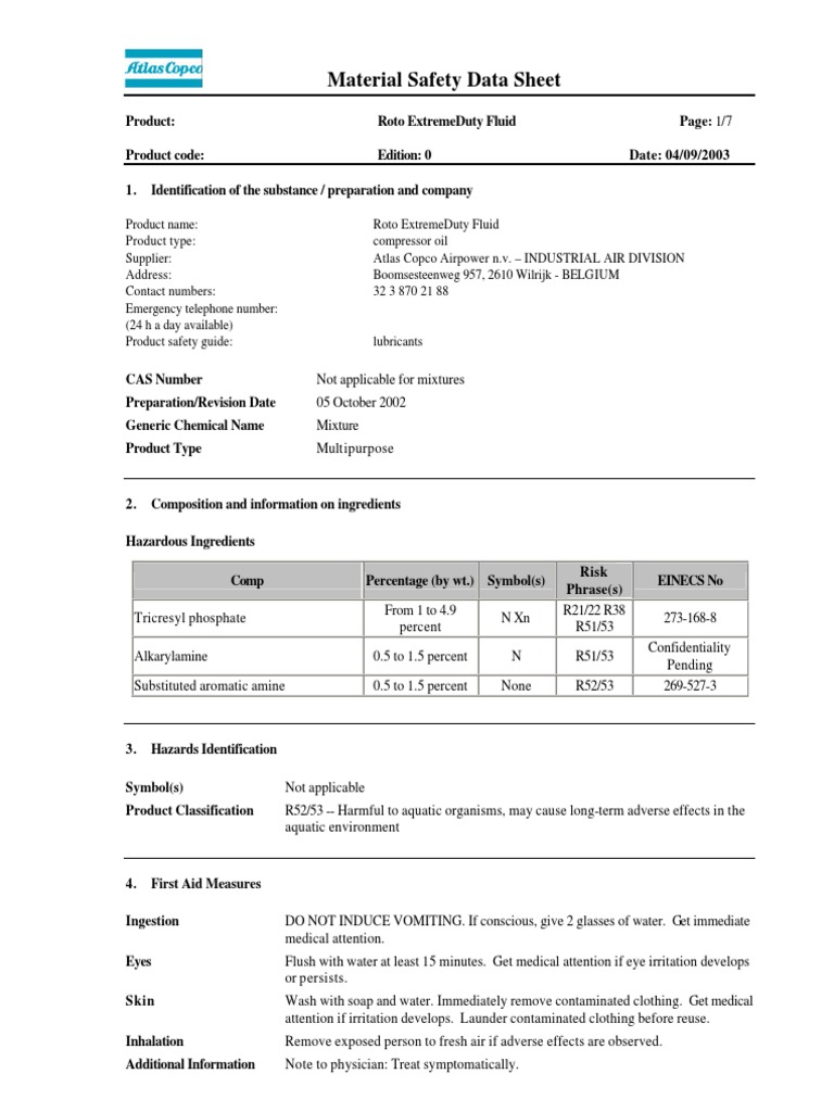 Aceite Roto Extreme Duty ATLAS COPCO | Toxicity | Personal Protective ...
