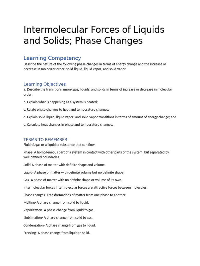 Intermolecular Forces of Liquids and Solids | PDF | Liquids | Phase ...