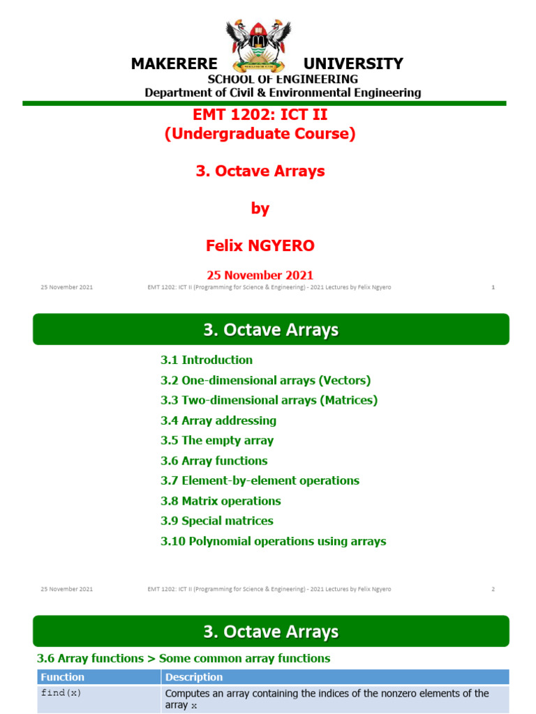 EMT 1202 - 3. Octave Arrays | PDF | Matrix (Mathematics) | Polynomial