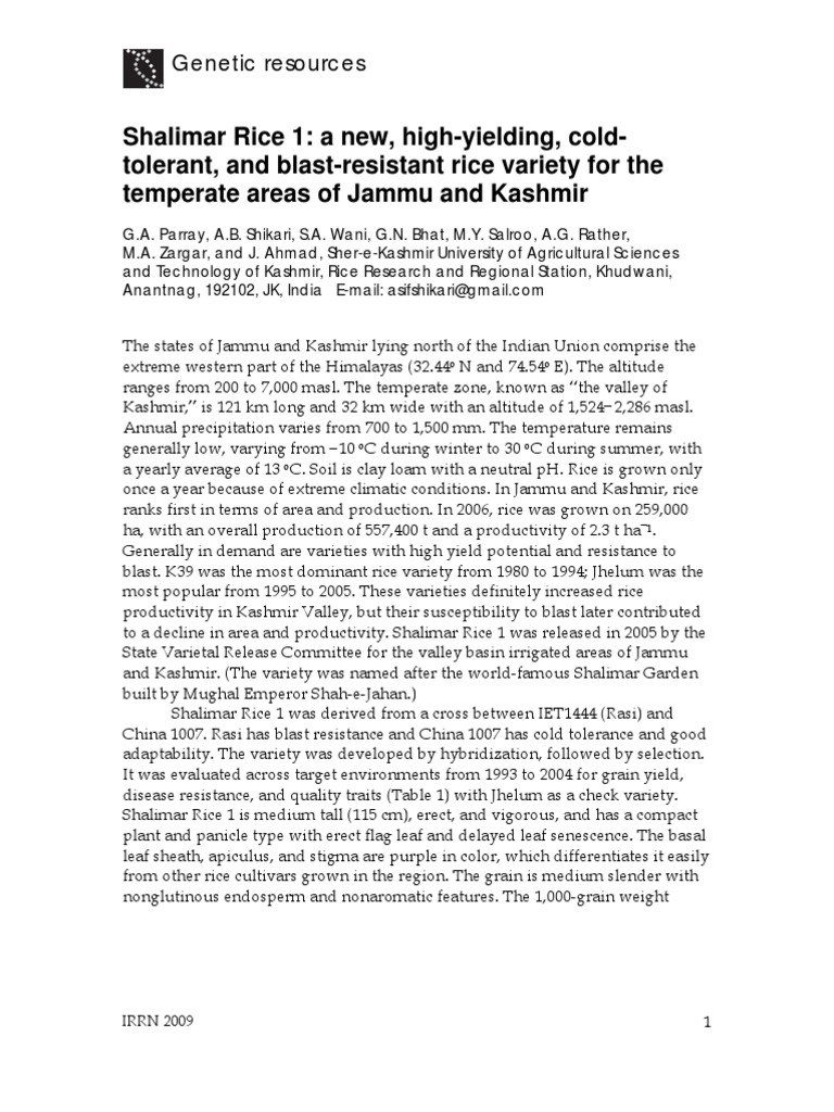 Shalimar Rice 1: A New, High-Yielding, Cold-Tolerant, and Blast ...