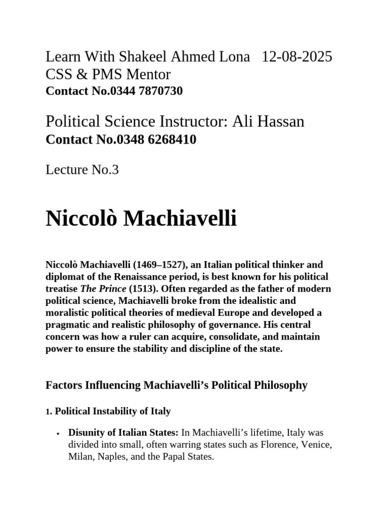 Lecture # 3 (Niccolò Machiavelli) | PDF | The Prince | Niccolò Machiavelli