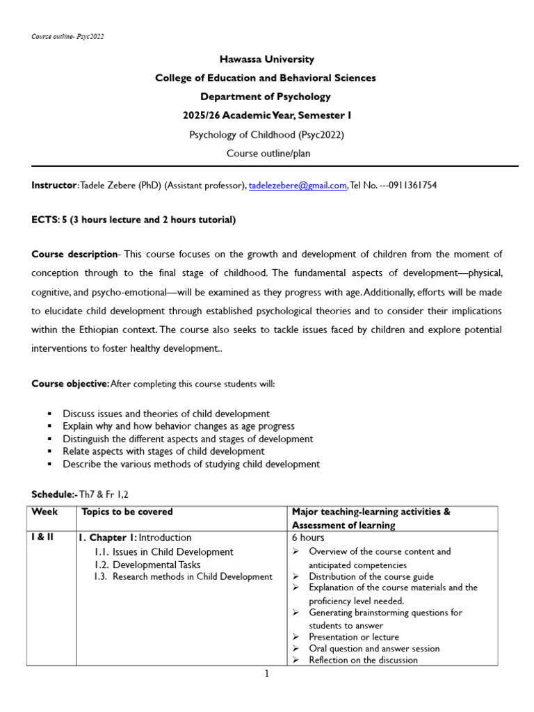 course outline (child psychology) | PDF | Child Development | Psychology