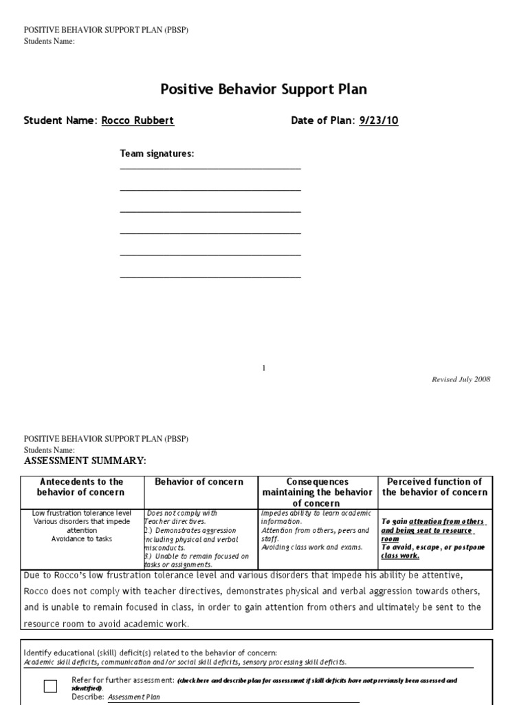 Positive Behavior Support Plan | PDF | Individualized Education Program ...