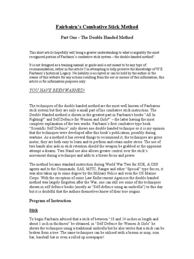 Fairbairn Combative Stick Method | PDF | Self Defense | Military Police