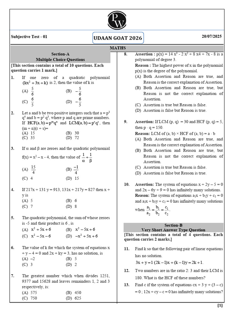 Subjective Test 01 Test Paper [Maths] Udaan GOAT 2026 | PDF ...