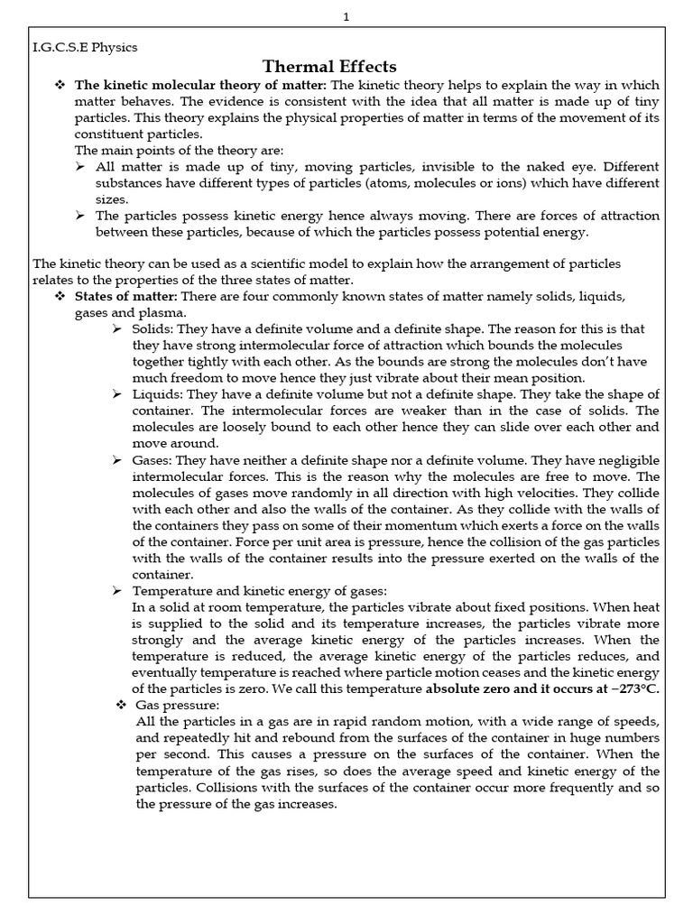 IGCSE Physics Notes Thermal Effects | PDF | Gases | Evaporation