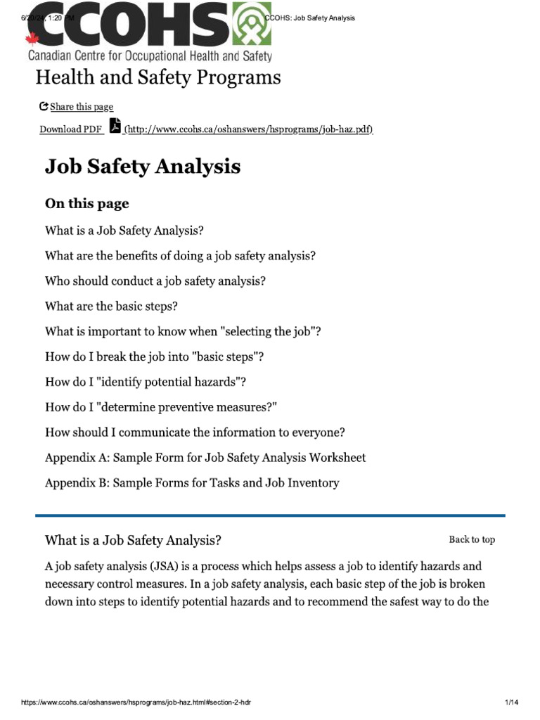 CCOHS_ Job Safety Analysis | PDF