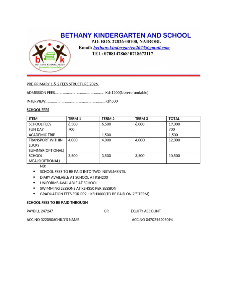Pre1 & 2 Fees Structure 2026 | PDF
