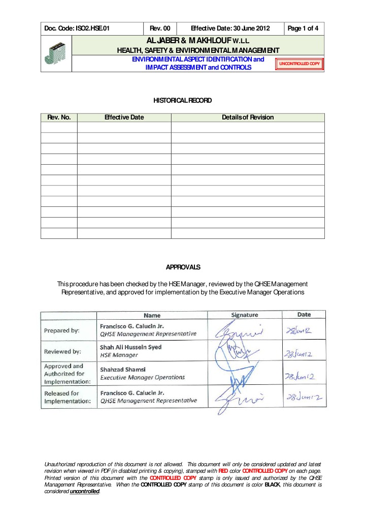ISO2.HSE.01, Environmental Aspect Identification Impact Assessment ...
