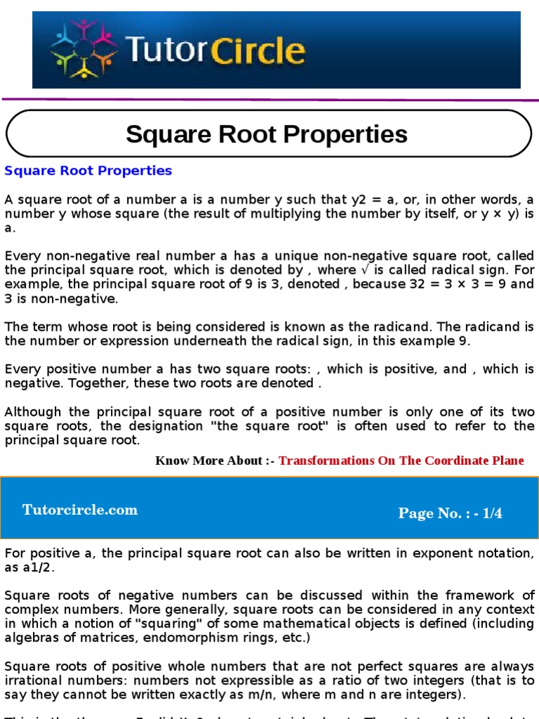Square Root Properties | PDF | Square Root | Numbers