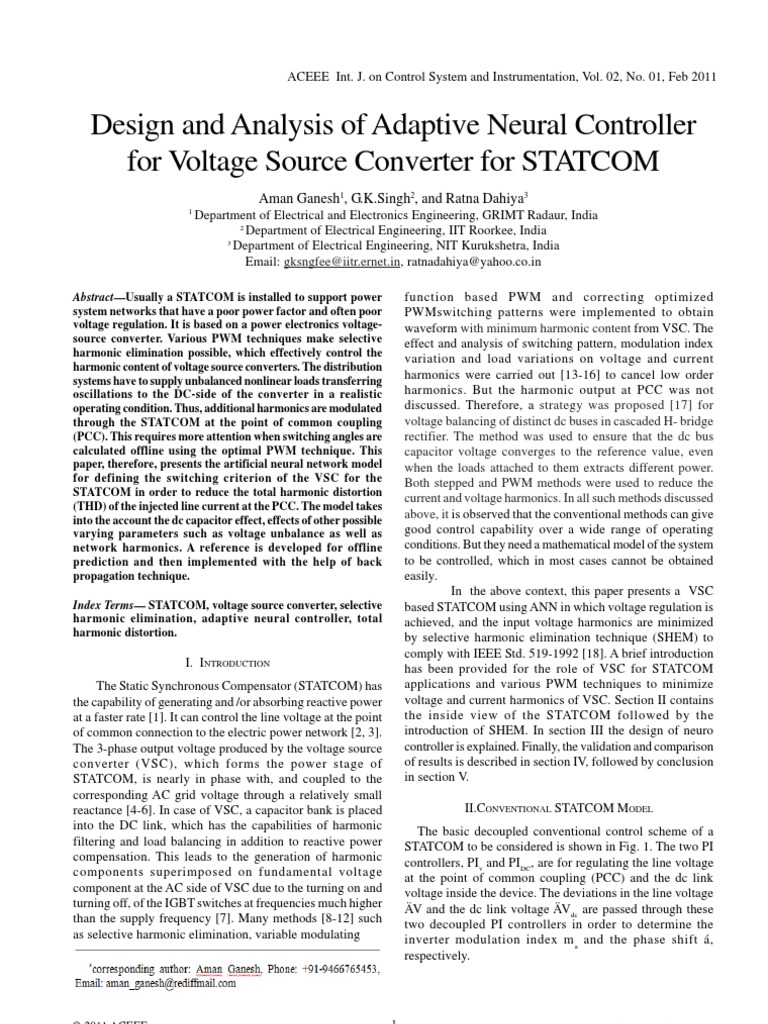 Design and Analysis of Adaptive Neural Controller For Voltage Source Converter For STATCOM | PDF ...