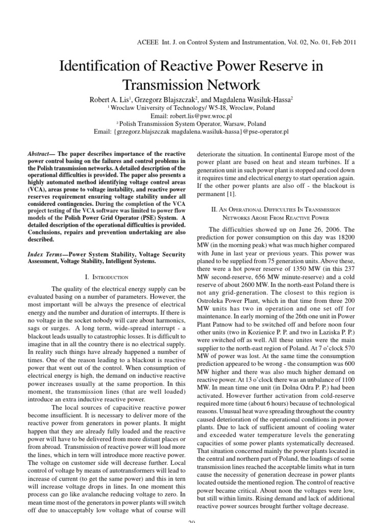 Reactive Power Reserve in Transmission Networks | PDF | Electric Power ...