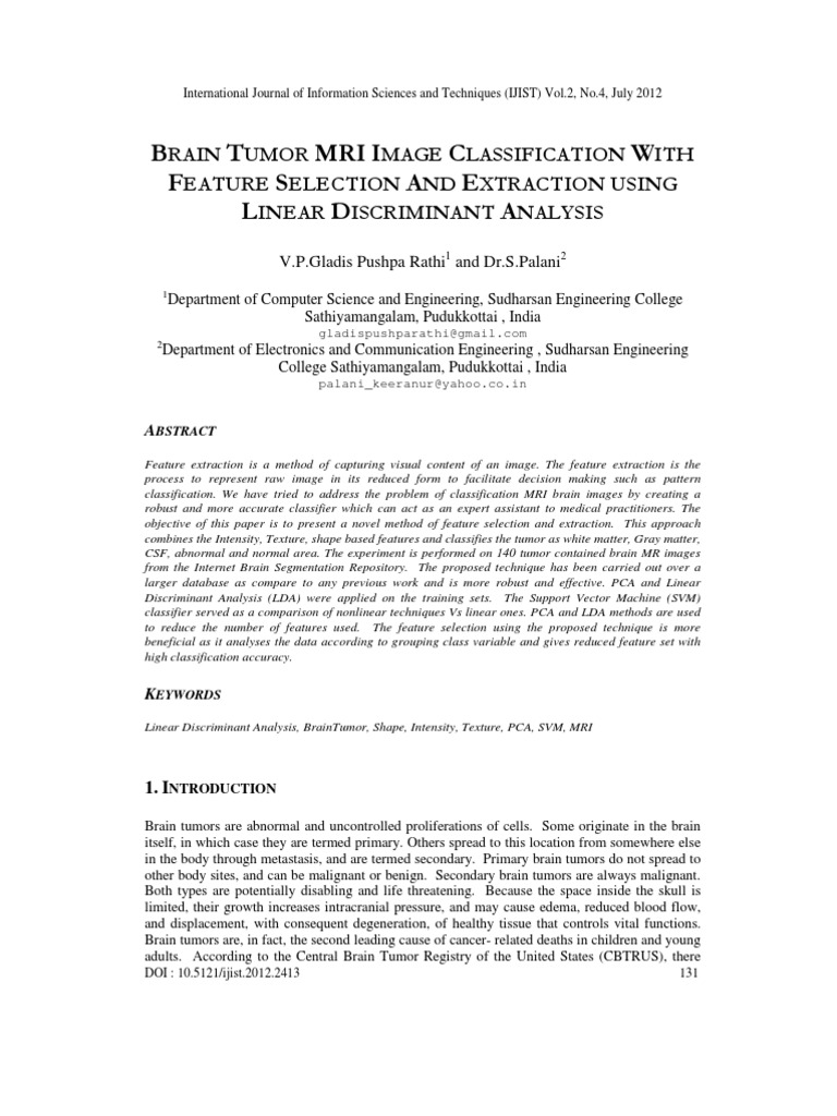 Brain Tumor Mri Image Classification With Feature Selection And Extraction Using Linear