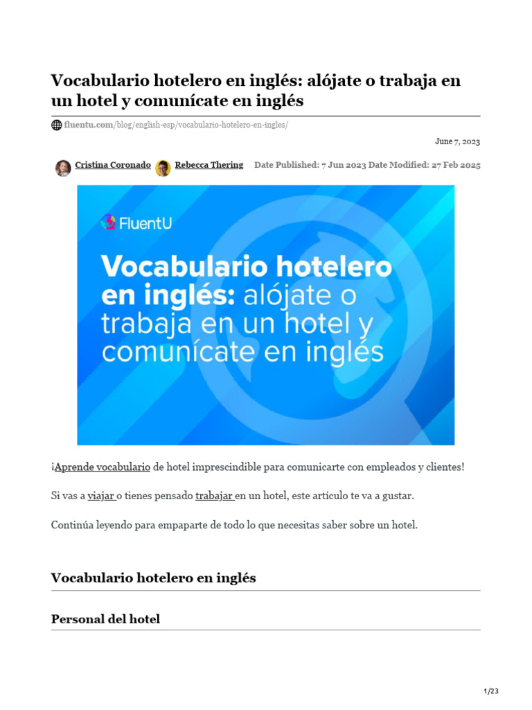 Vocabulario Hotelero en Ingles | PDF | Hotel | Buffet