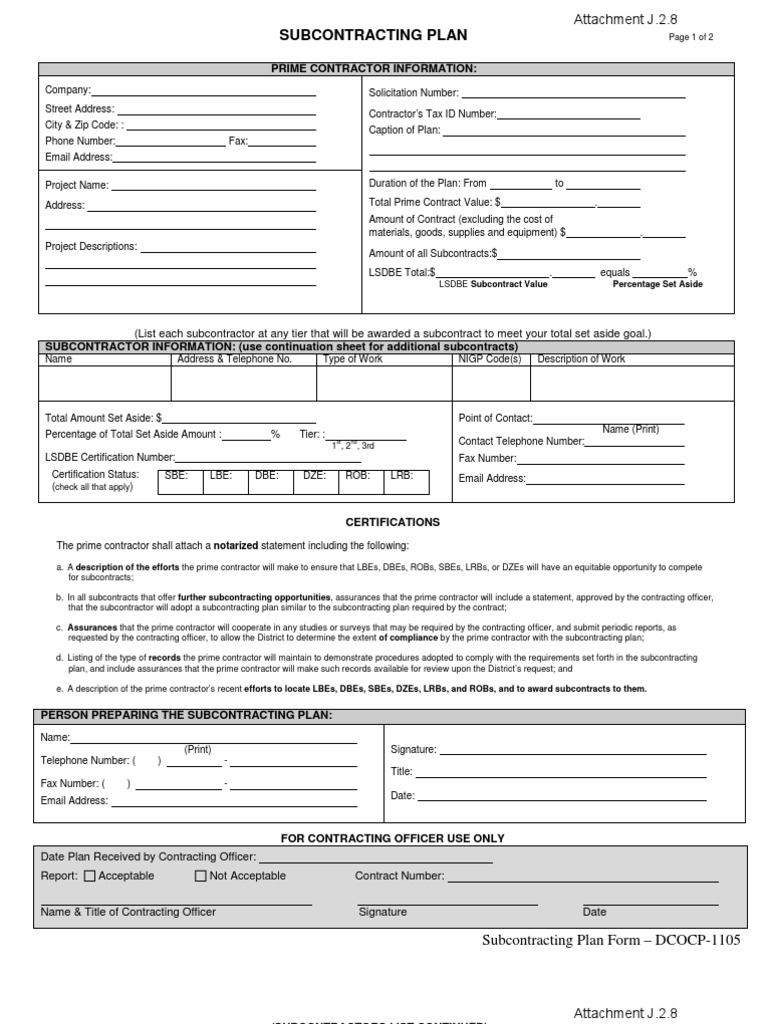 J.2.8 Subcontracting Plan | PDF | Subcontractor | General Contractor