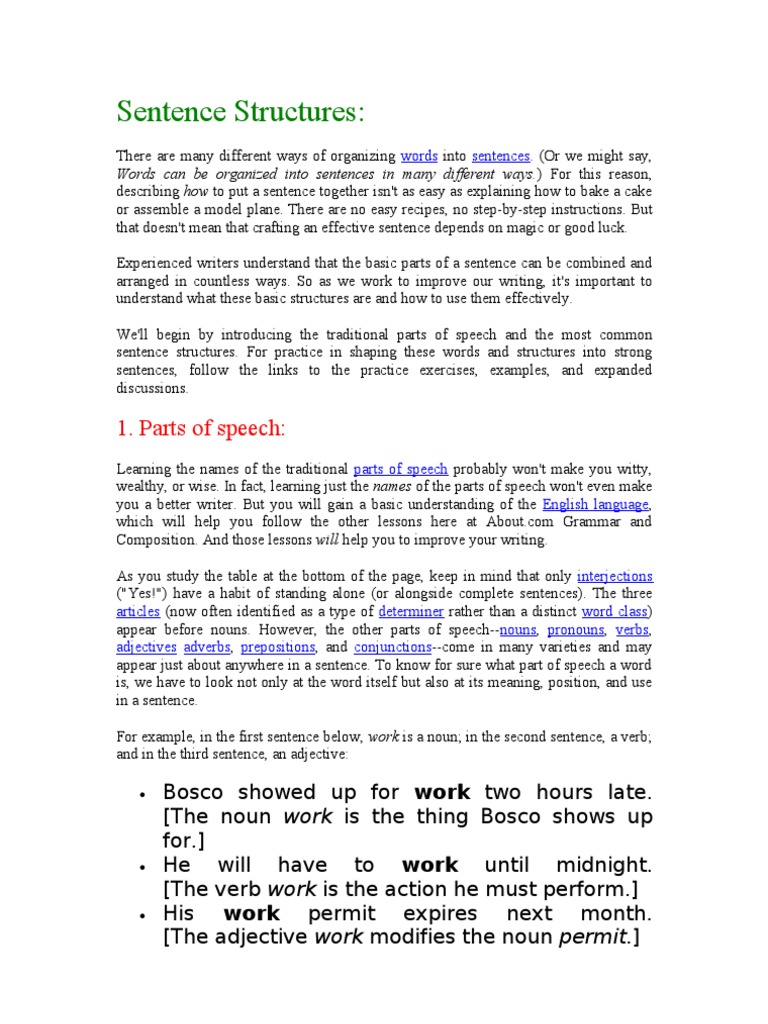 Sentence Structures | PDF | Part Of Speech | Subject (Grammar)