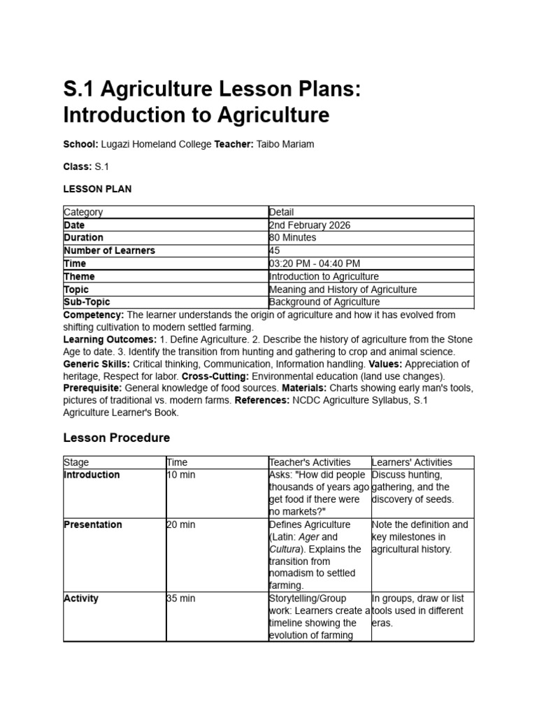 S.1 Agriculture Lesson Plans_ Intro to Agriculture | PDF | Agriculture ...